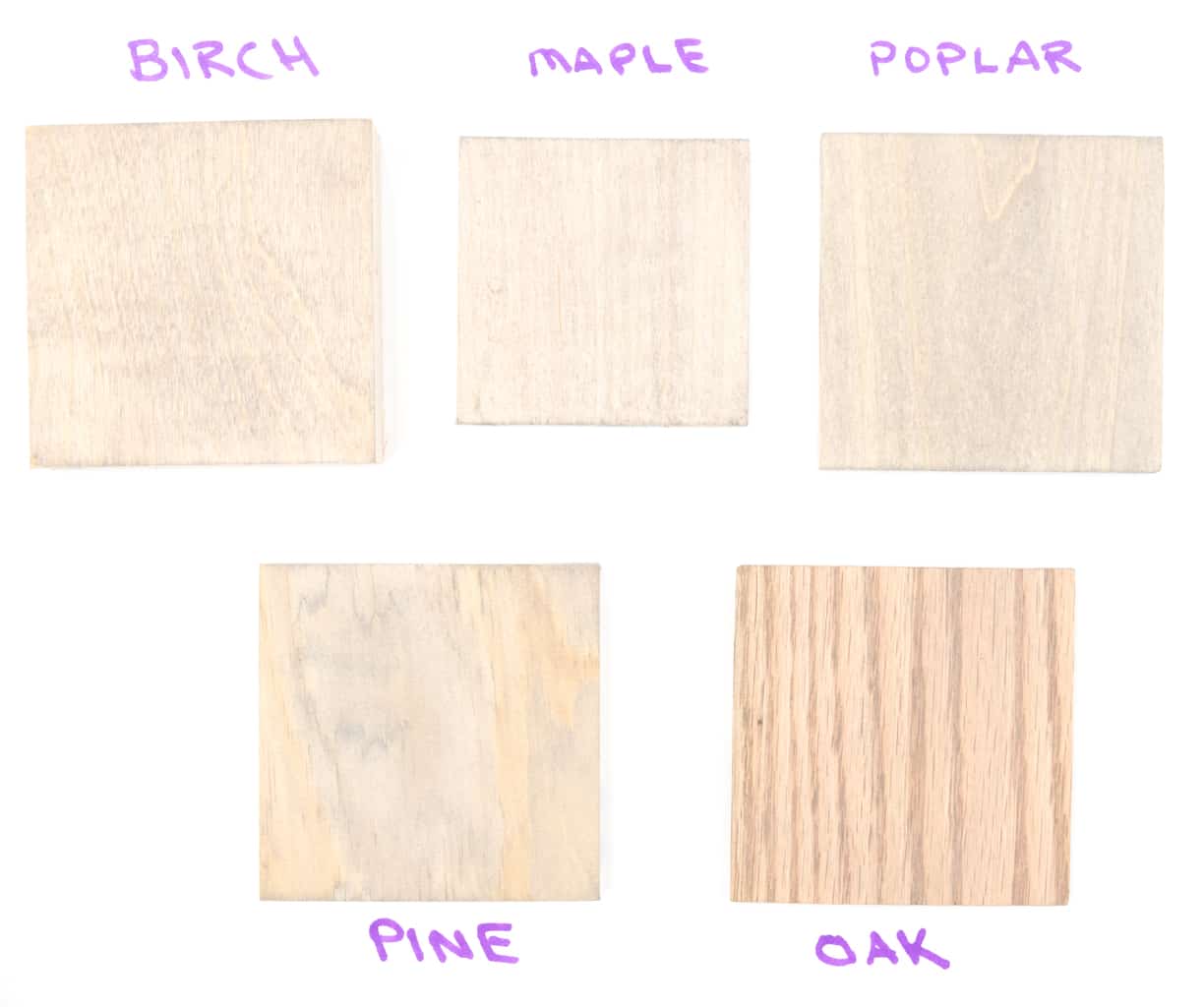 6 Grey Wood Stain Colors on 5 Different Wood Species